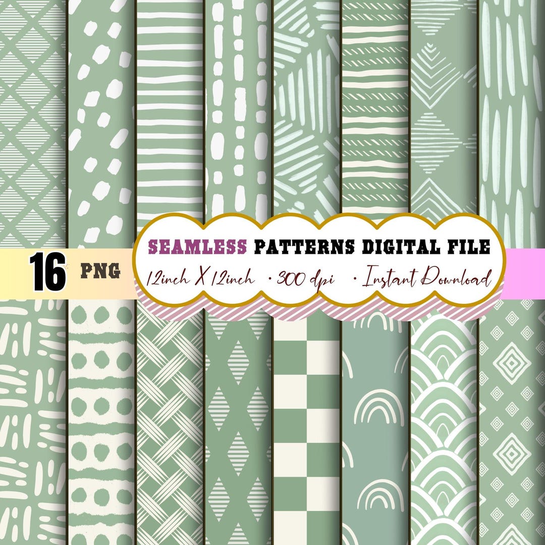 Sage Green Boho Digital Paper | Seamless Nursery Patterns (PNG Download ...