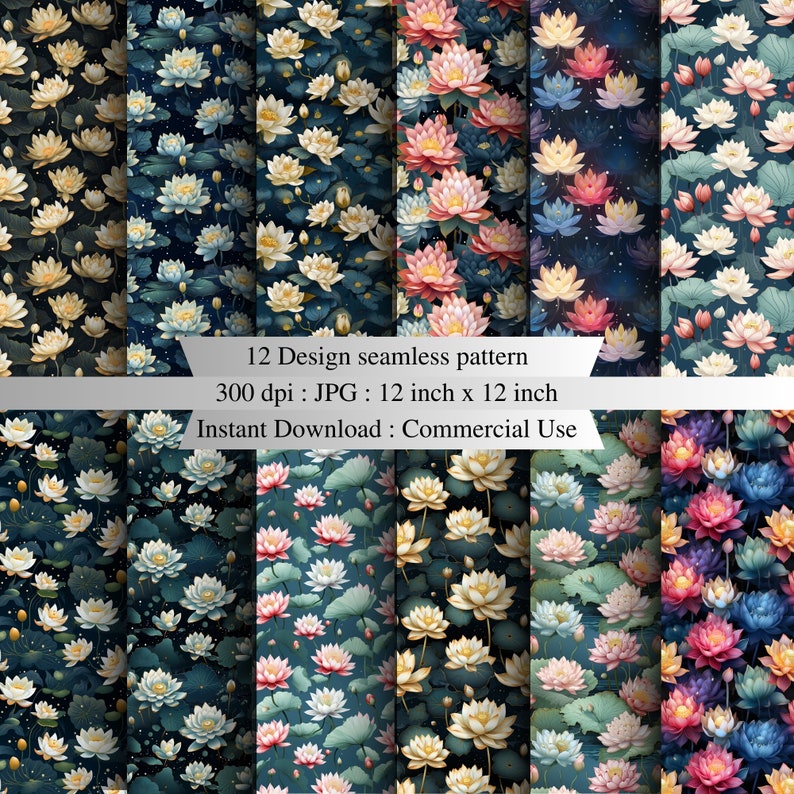 Lotus Flower Seamless Patterns - Printable Digital Download | 12 ...
