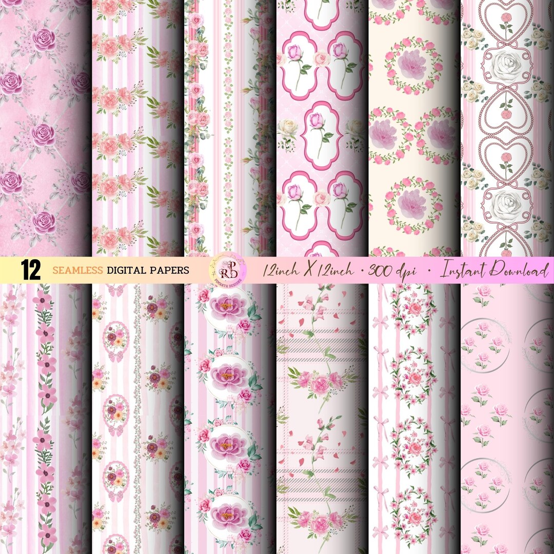Shabby Chic Pink Floral Digital Paper: Vintage Watercolor Patterns (PNG ...