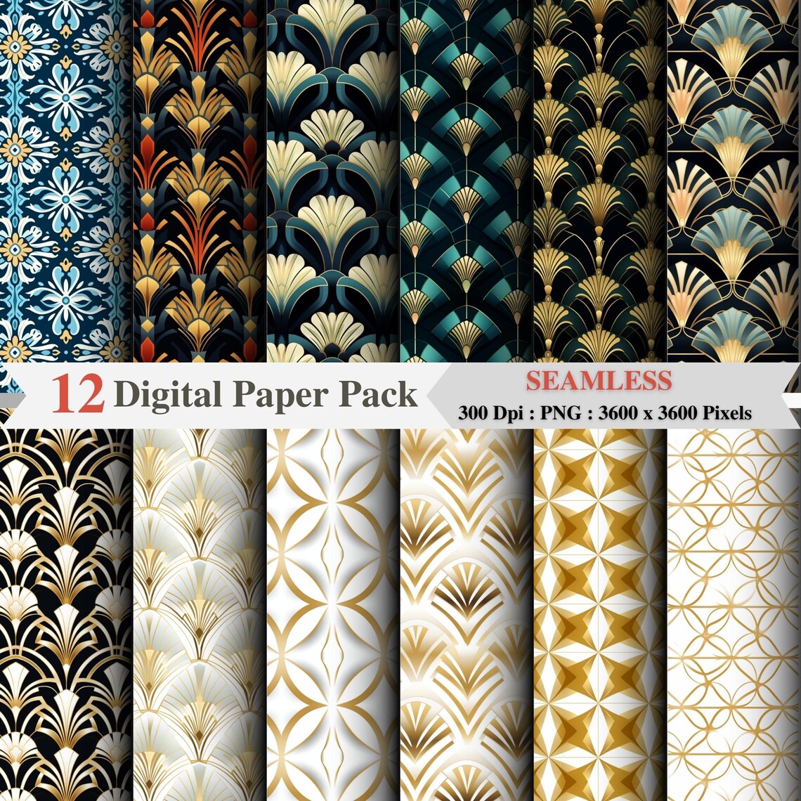 Art Deco Seamless Digital Paper Pack - 12 Gold & Black Patterns ...