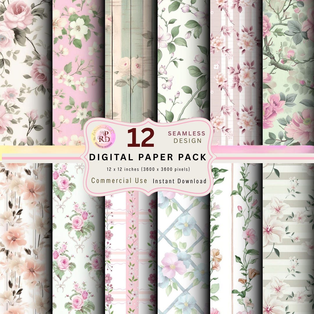 Shabby Chic Floral Digital Paper: Seamless Watercolor Blooms (PNG ...