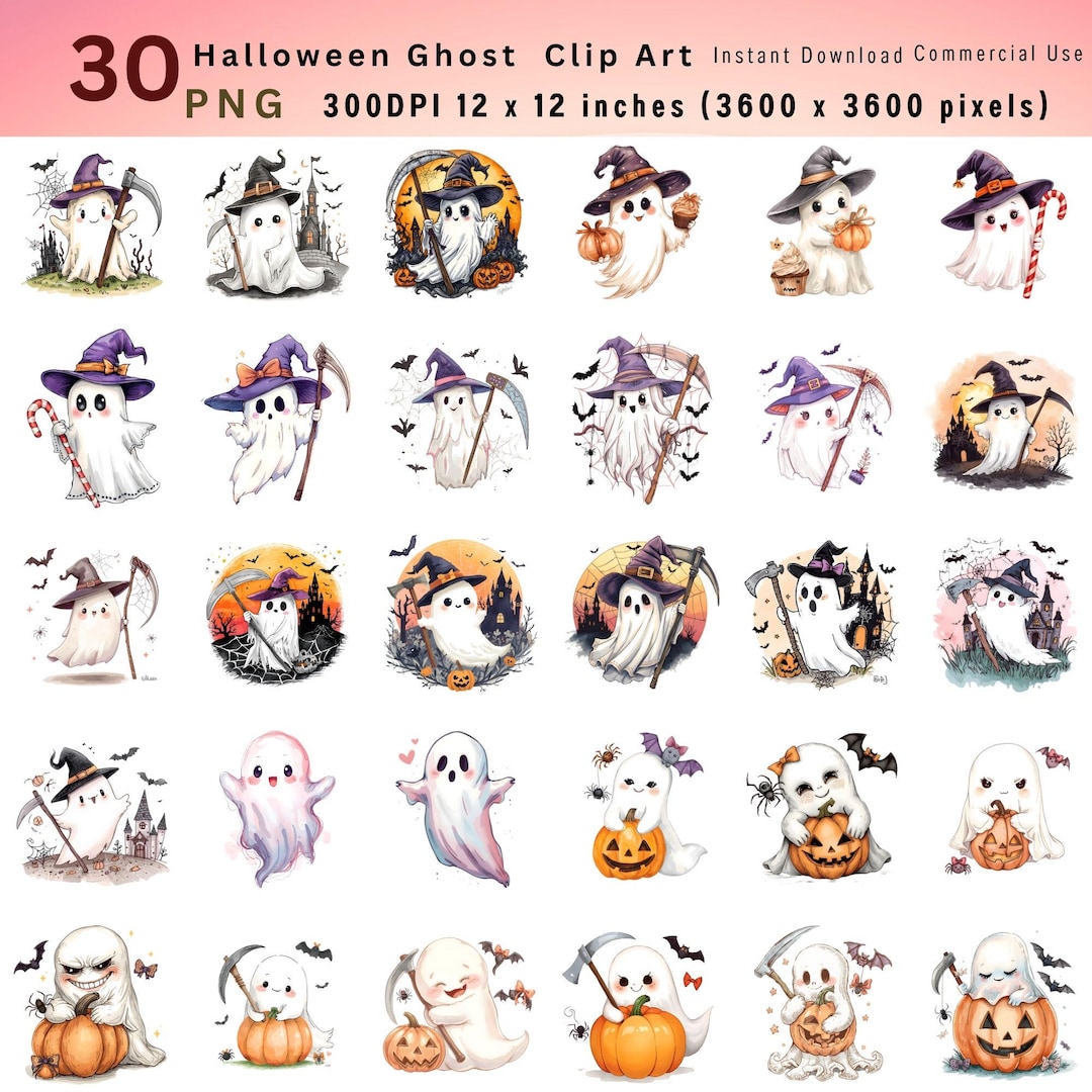 Watercolor Ghost Clipart Bundle: Spooky PNG, Halloween Art (digital ...
