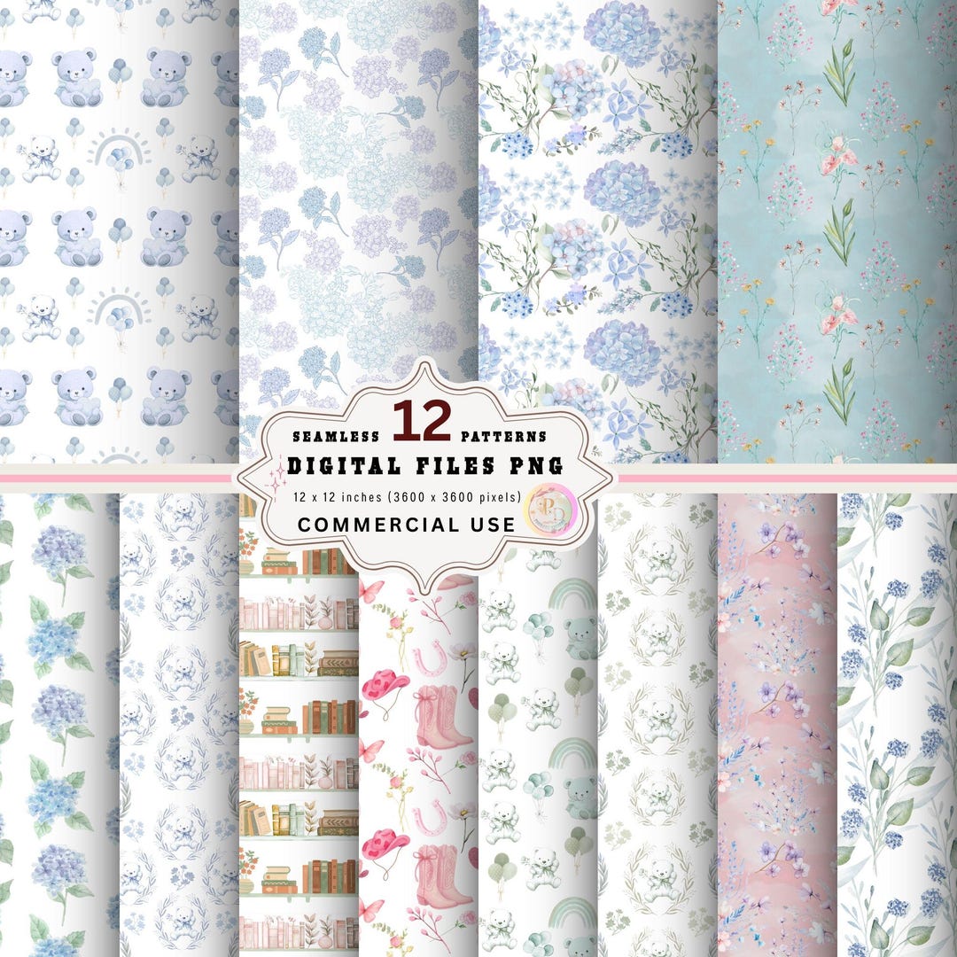 Pastel Floral Seamless Digital Paper Pack, Vintage Cottagecore Nursery ...