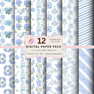 Blue Hydrangea Floral Digital Paper Pack: 12 Seamless Vintage Patterns ...