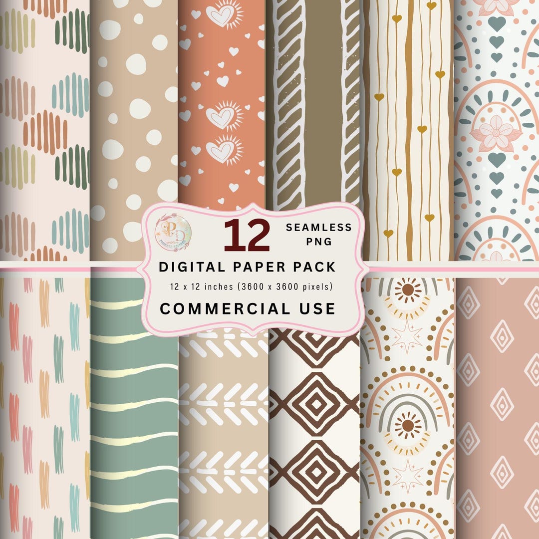 Boho Digital Paper Pack, Neutral Abstract Patterns (PNG, 12x12 Inches ...
