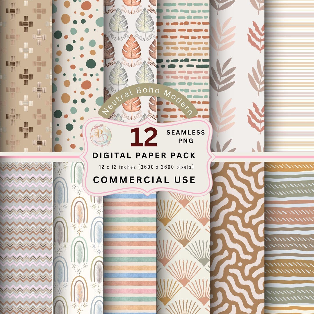Boho Nursery Digital Paper Pack, Neutral Abstract Patterns (12x12 PNG ...