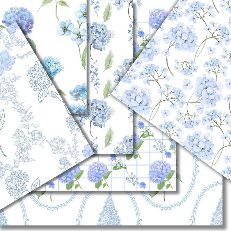 Blue Hydrangea Digital Paper Pack, Vintage Floral Watercolor ...