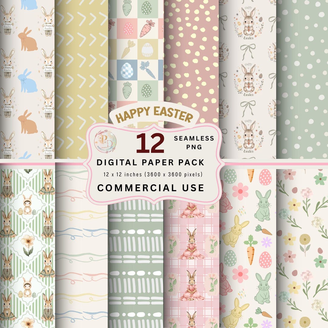 Boho Easter Seamless Digital Paper, Watercolor Nursery Patterns, Bunny ...