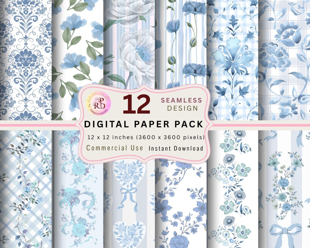 Blue Floral Digital Paper Pack: Vintage Watercolor Patterns (PNG ...