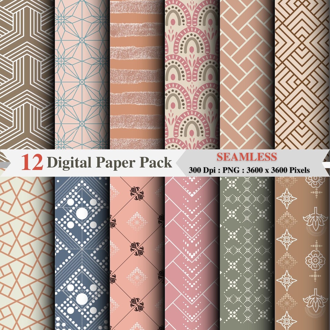 Boho Digital Paper Pack - 12 Seamless Patterns | Hearts, Stars ...