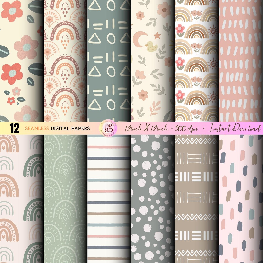 Neutral Boho Digital Paper: Seamless Doodles, Printable Scrapbook ...