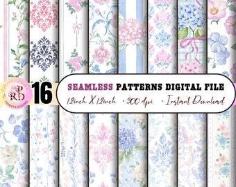Watercolor Grandmillennial Seamless Patterns, Floral Preppy Background ...