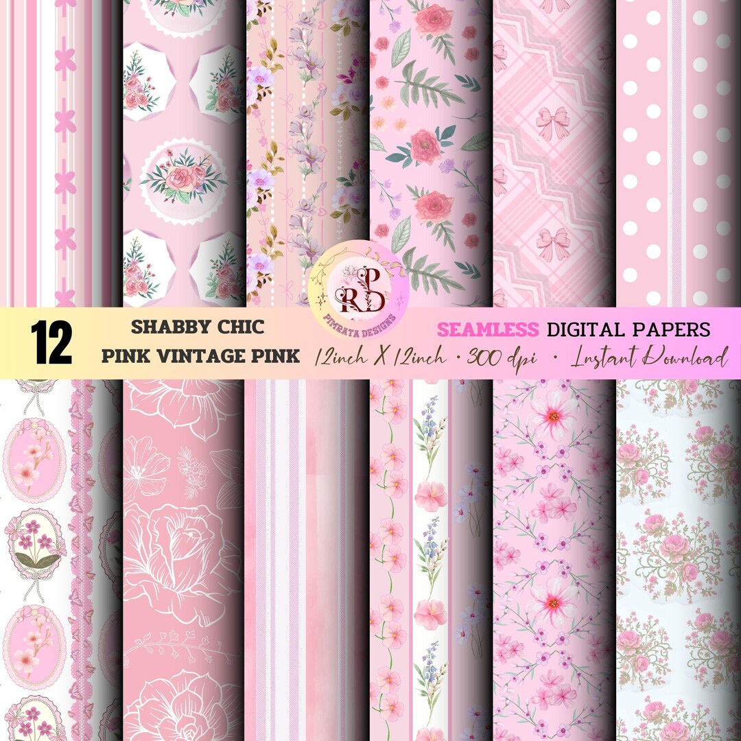 Shabby Chic Pink Floral Digital Paper: Seamless Watercolor Patterns ...