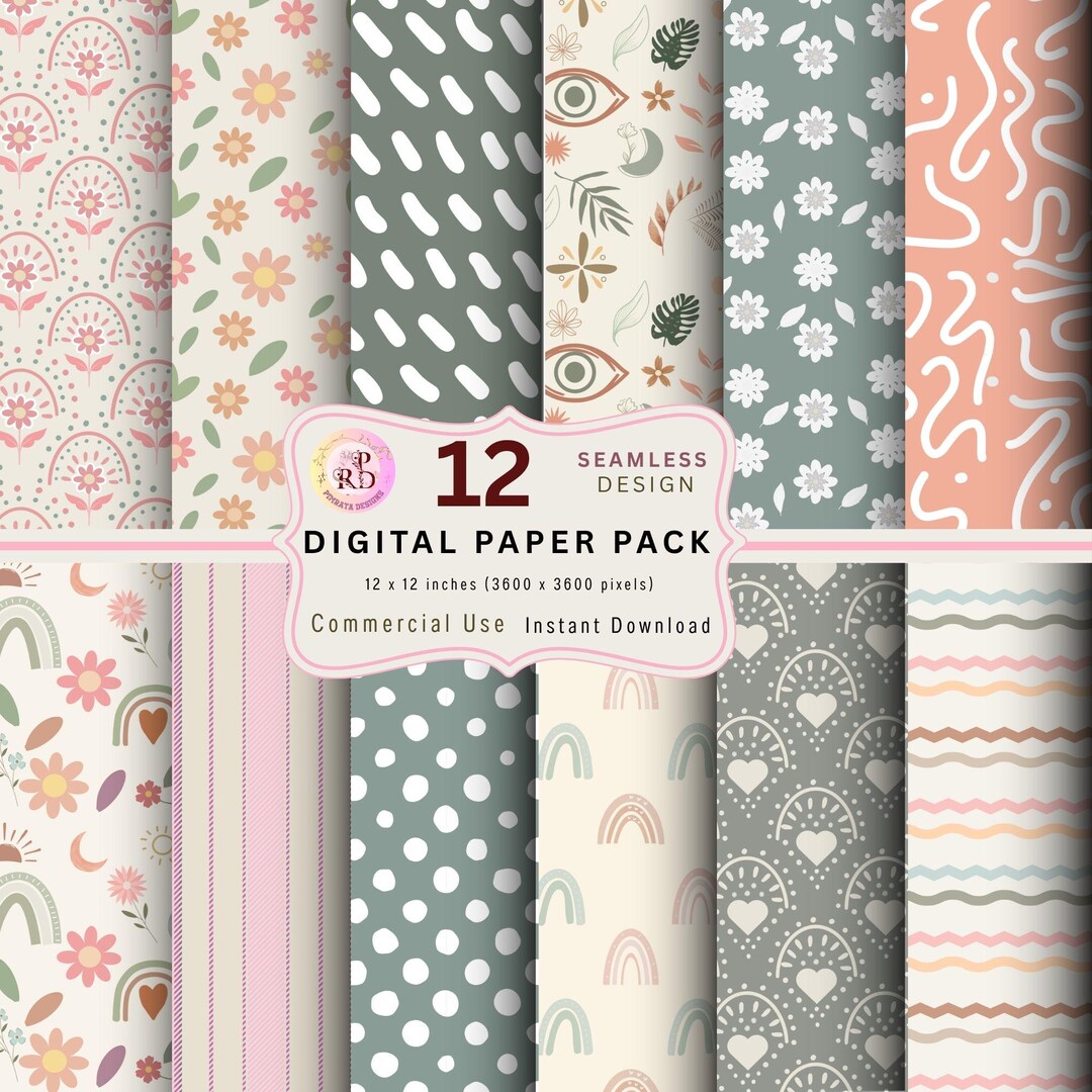 Boho Seamless Digital Paper Pack, Floral Nursery (commercial Use ...