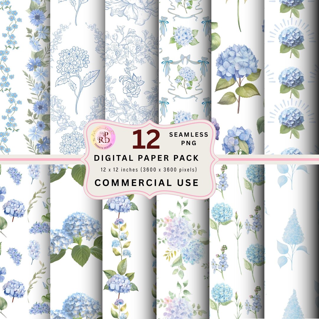 Blue Hydrangea Digital Paper Pack, Vintage Watercolor Floral Patterns ...