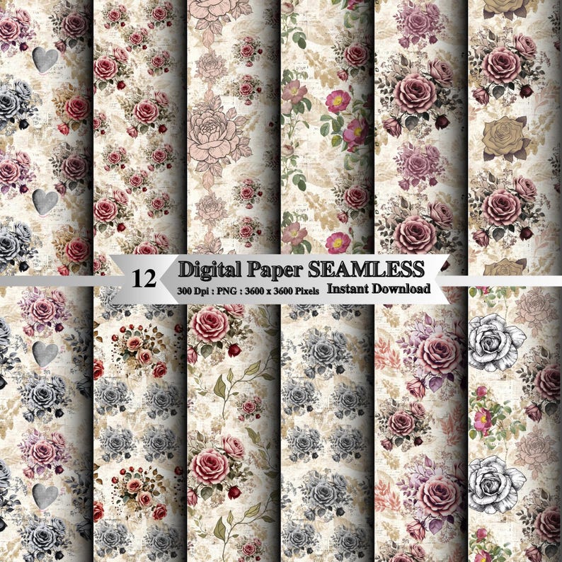 12 Vintage Floral Digital Paper - Seamless Shabby Chic Roses, Grunge ...