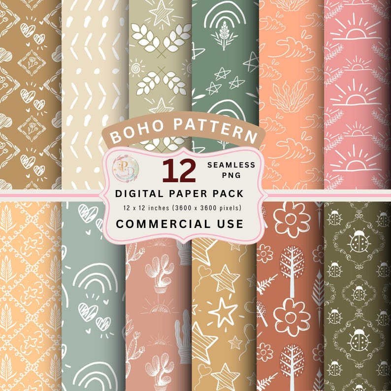 Boho Digital Paper Pack, Folk Line Art Patterns (PNG) - Etsy