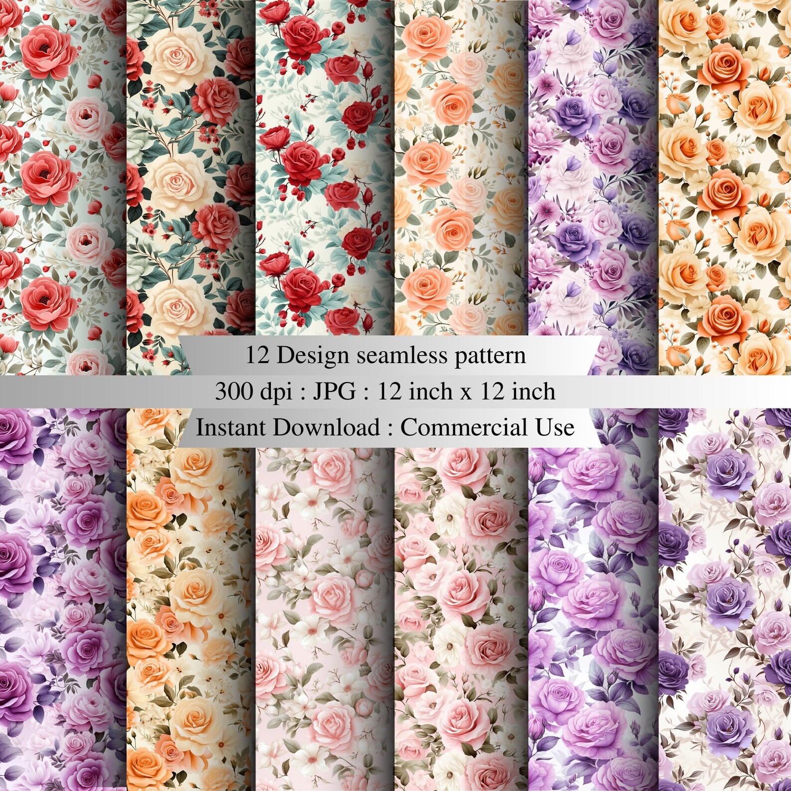 Vintage Rose Floral Seamless Patterns | 12 Printable Digital Papers ...