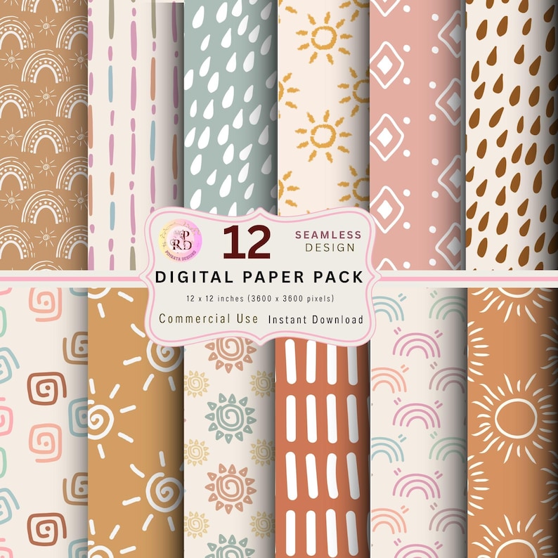 Boho Rainbow Sun Seamless Patterns: Neutral Digital Paper (PNG ...