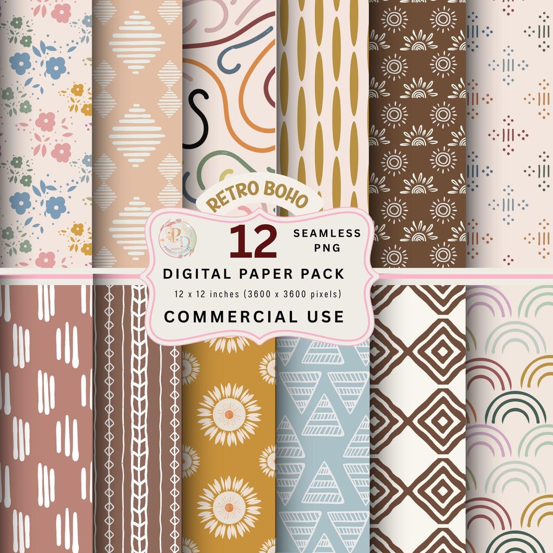 Retro Boho Digital Paper Pack, Scandinavian Folk Art (PNG Download) - Etsy