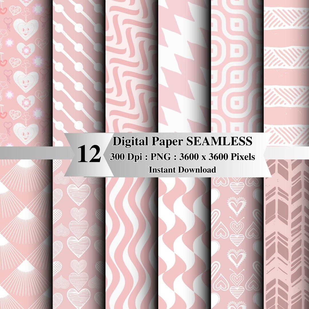 Blush Pink Digital Paper, Seamless Patterns, Hearts, Waves, Boho ...
