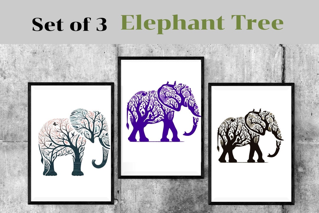 Set of 3, Elephant Tree Art Digital Download Abstract Animal Printable ...