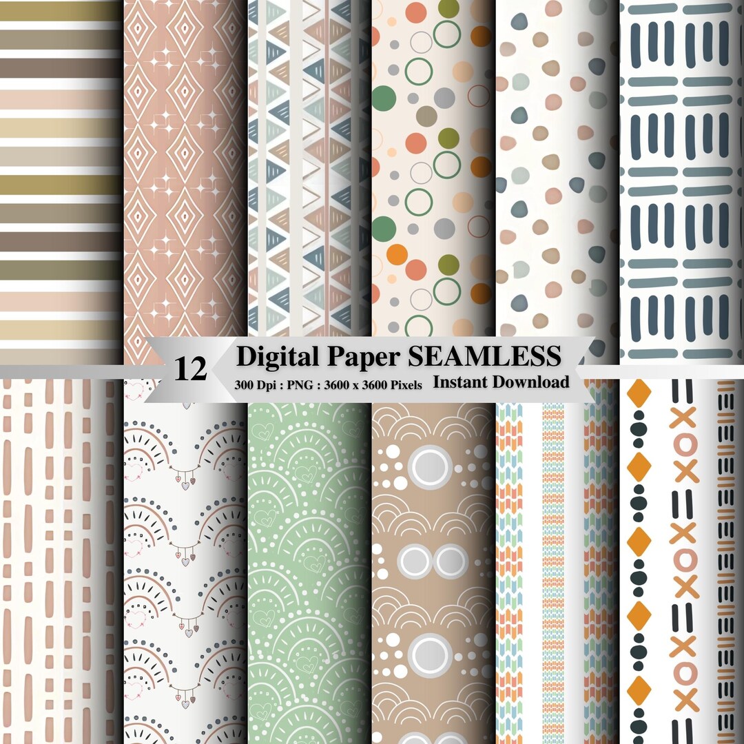Boho Digital Paper Pack, Seamless Geometric Patterns, Earthy Tones, 12 ...