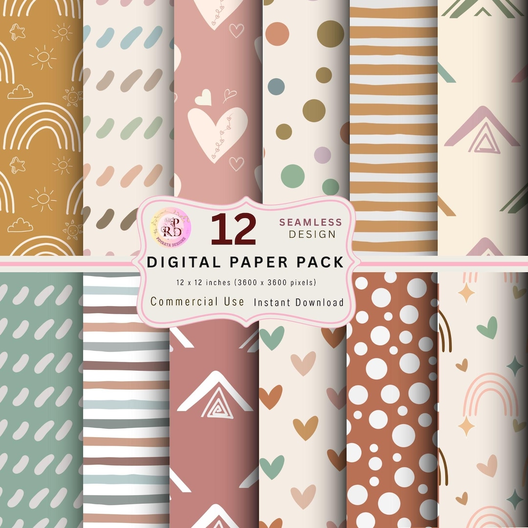 Boho Rainbow Digital Paper Pack, Seamless Neutral Patterns (digital ...