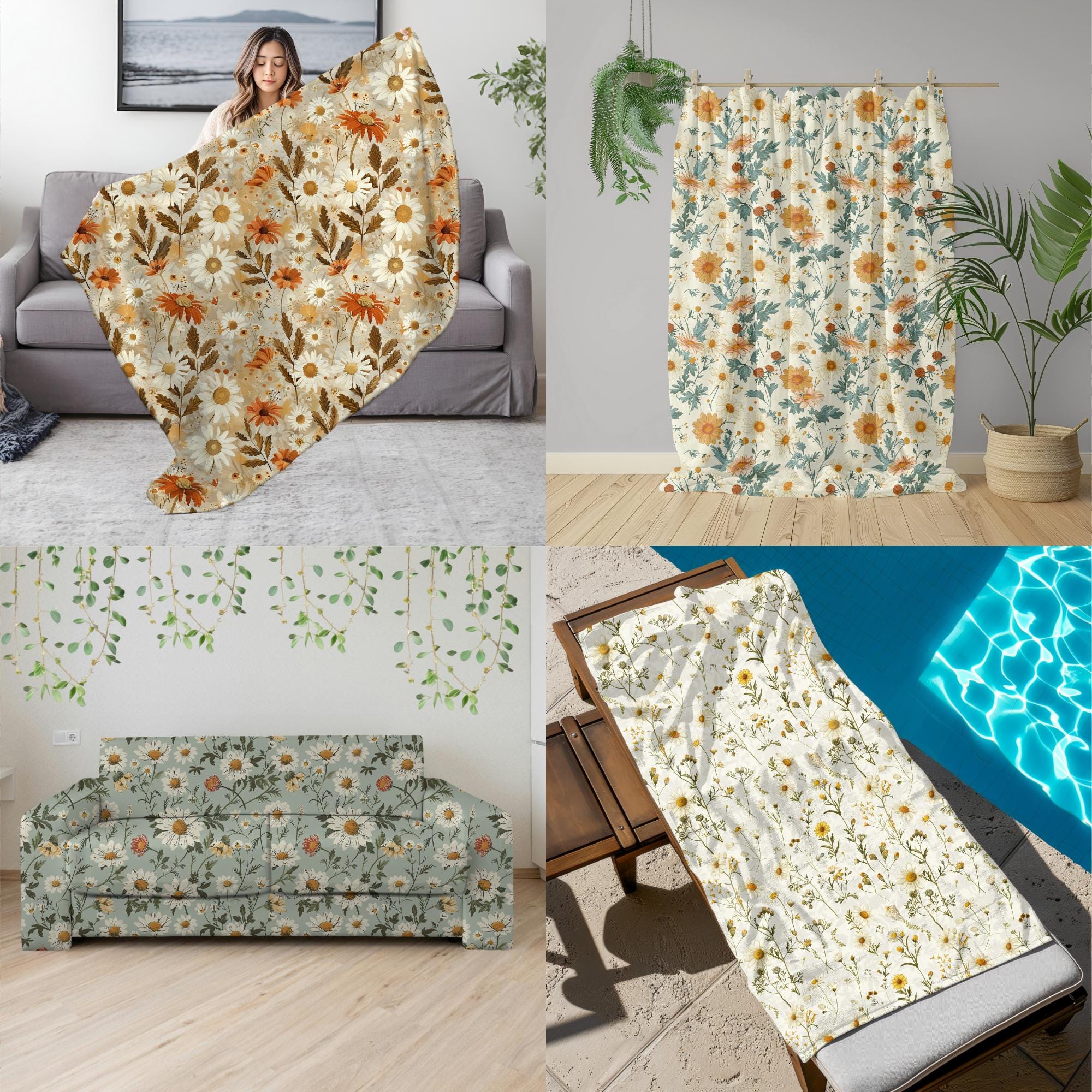 Vintage Wildflower Seamless Pattern Floral Printable Digital Download Daisy & Autumn Floral ...