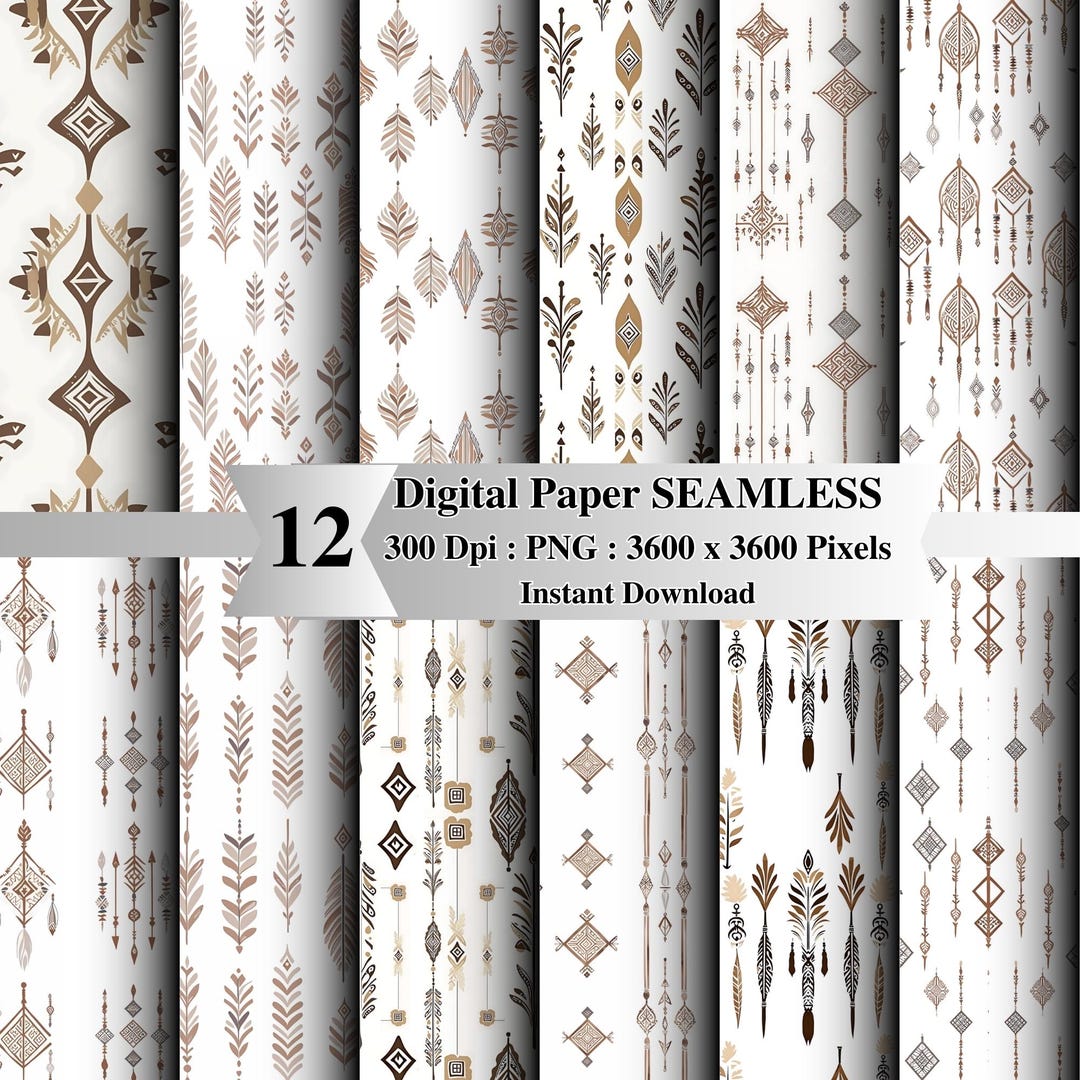 12 Seamless Boho Tribal Digital Papers - Geometric Patterns, Neutral ...