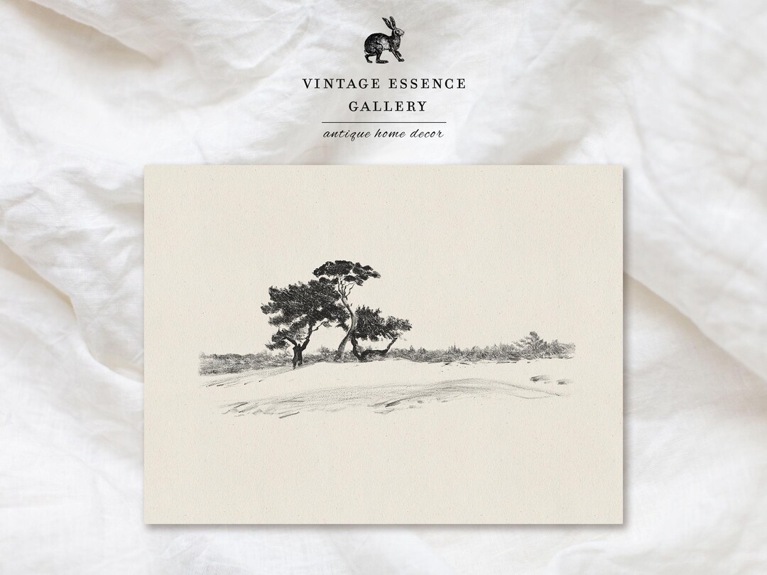 Vintage Landscape Sketch | PRINTABLE Lone Tree Pencil Drawing ...