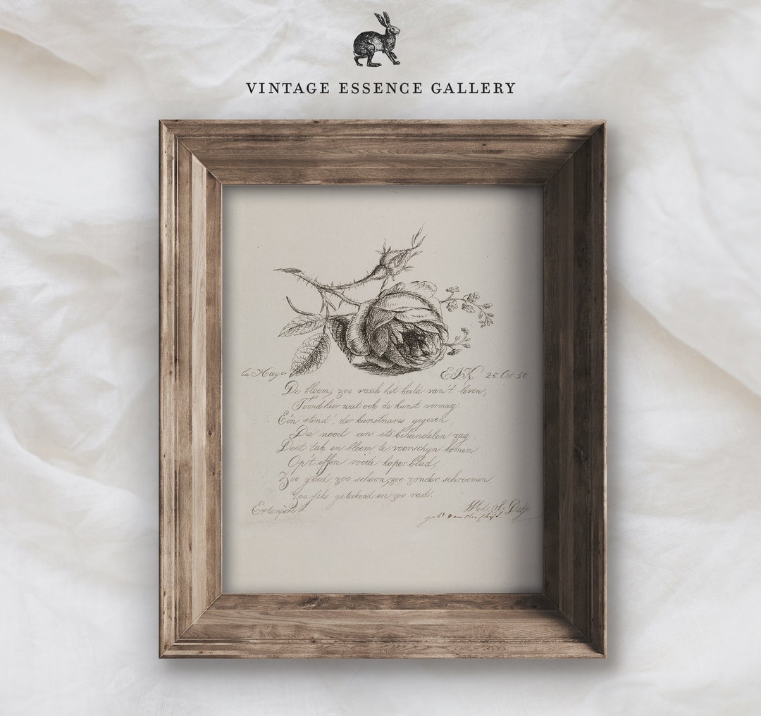 Vintage Botanical Poem Print Elegant Black Ink Drawing Antique Historic ...