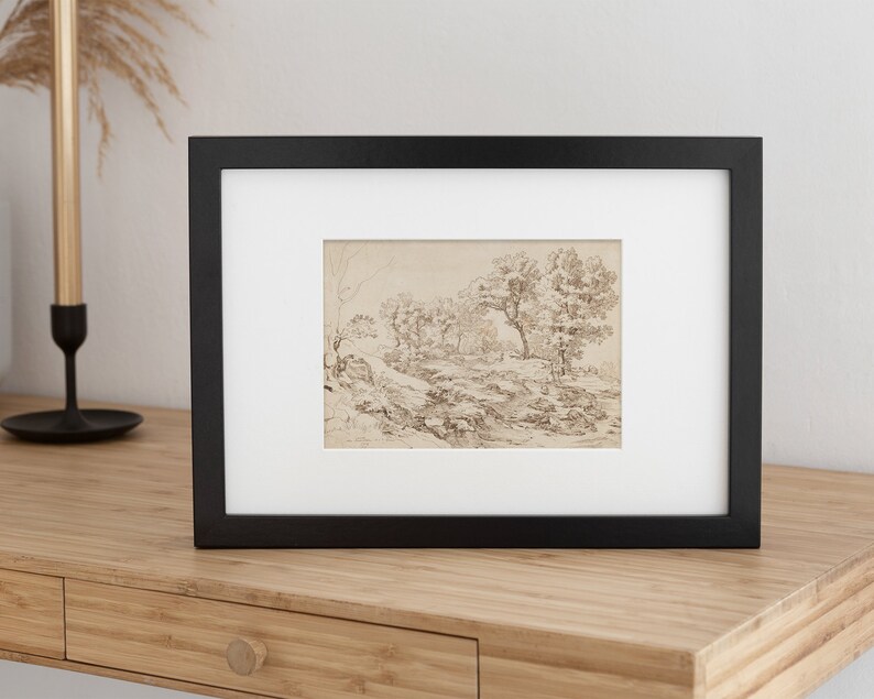 Vintage Moody Landscape Drawing Neutral Beige Sketch Art Forest Etching ...