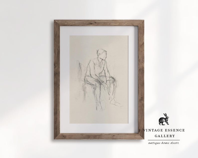 Vintage Pencil Sketch Drawing | Seated Man Print | Antique Minimalist ...