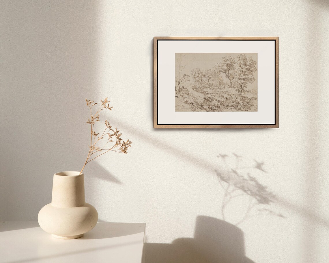 Vintage Moody Landscape Drawing Neutral Beige Sketch Art Forest Etching ...