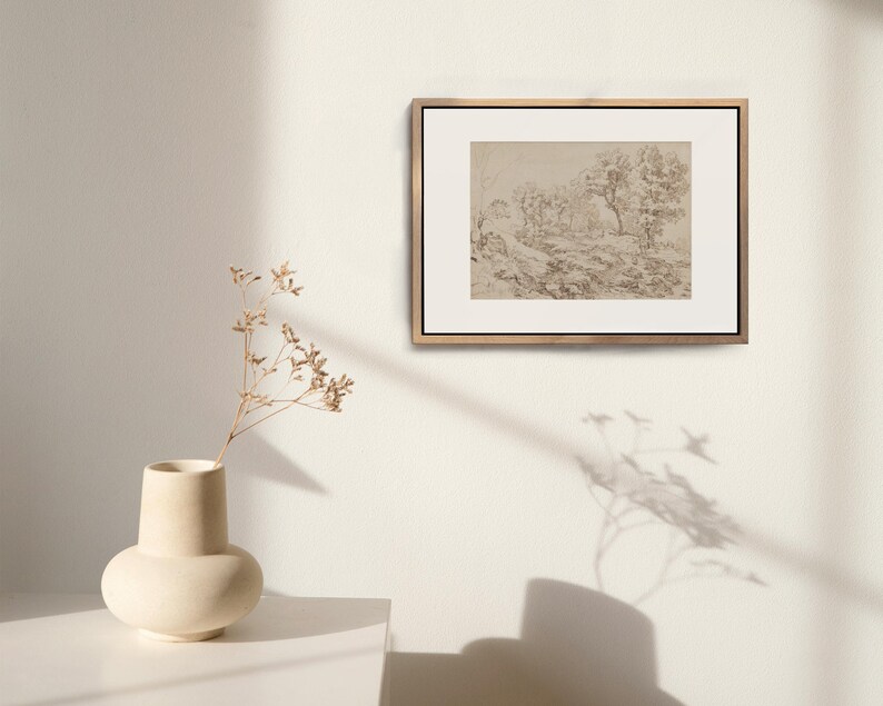 Vintage Moody Landscape Drawing Neutral Beige Sketch Art Forest Etching ...