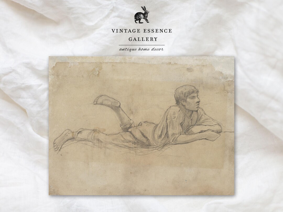 Vintage Sketch of Reclining Man | Antique Beige Tone Pencil Drawing ...