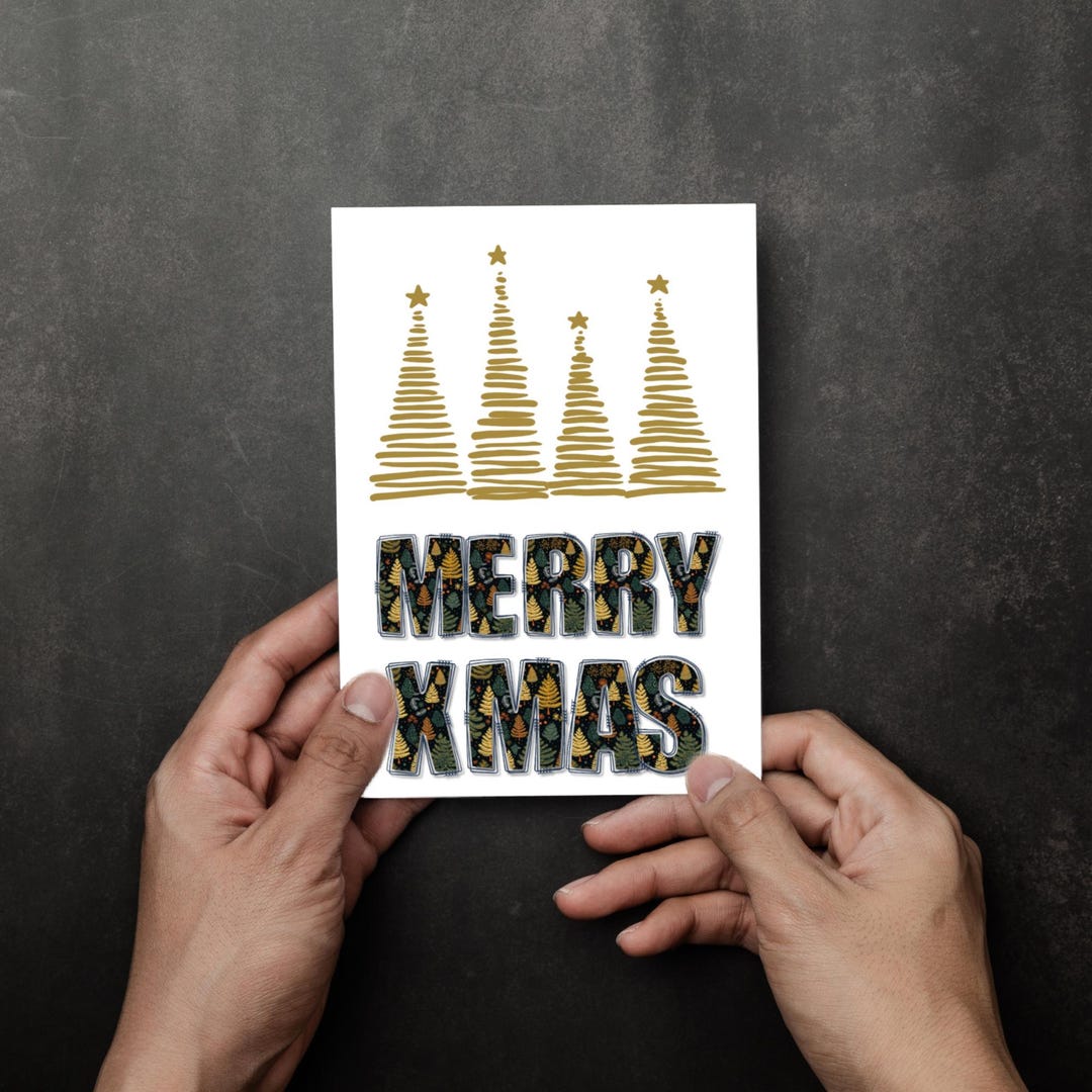 Gold Christmas Tree Card - Printable Merry Xmas Design (5x7 Folded) - Etsy