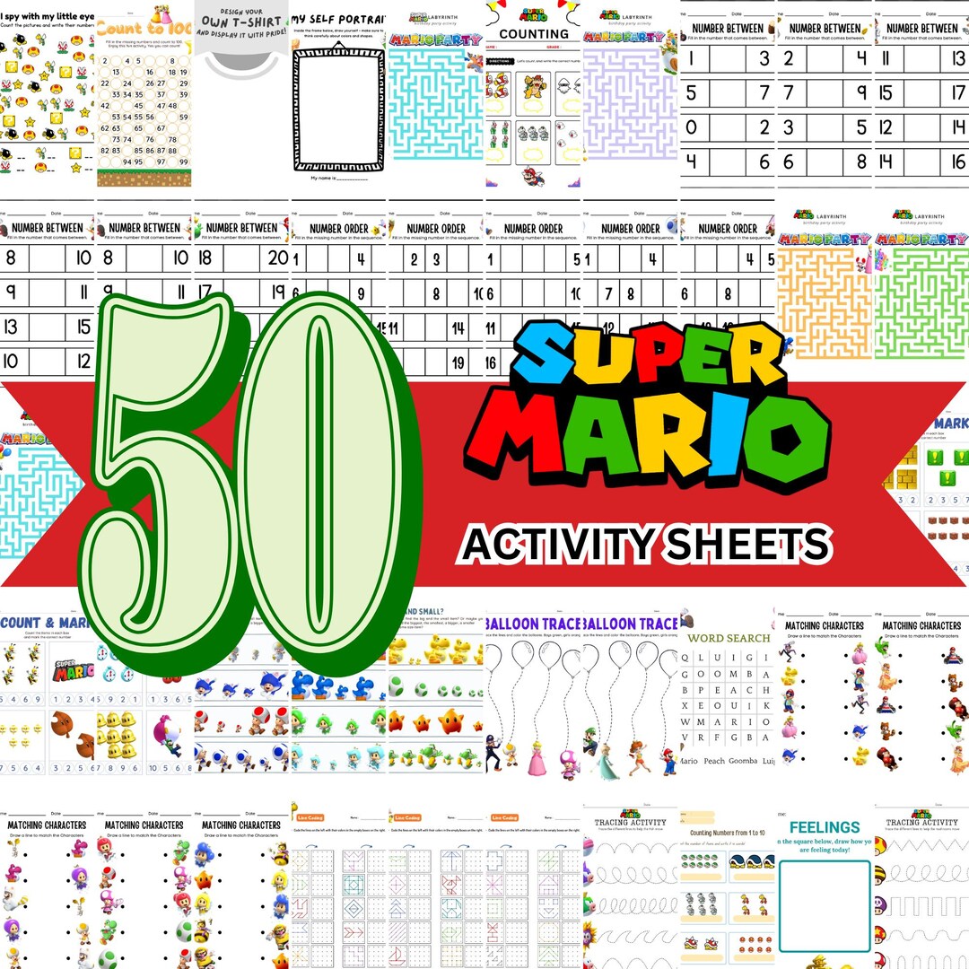 Mar-io Inspired Activities Bundle: Color Worksheets, Maze, Number Order ...