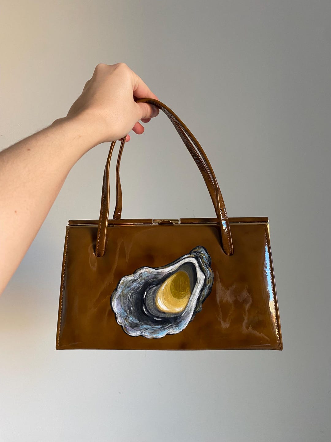 The Oyster - Hand-painted Brown Tortoise Shell Style Patent Purse Bag ...