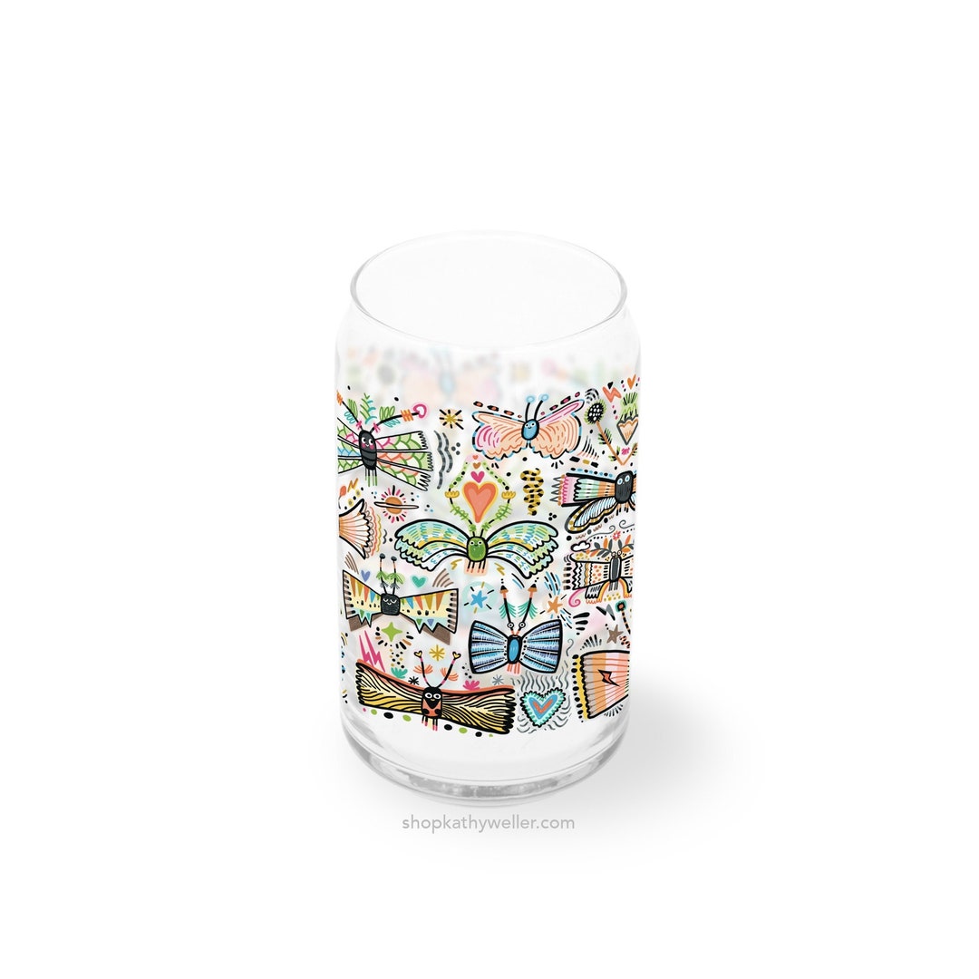 Colorful Moth Soda Can Glass Illustrated Moth Glass Cute Moth Iced ...