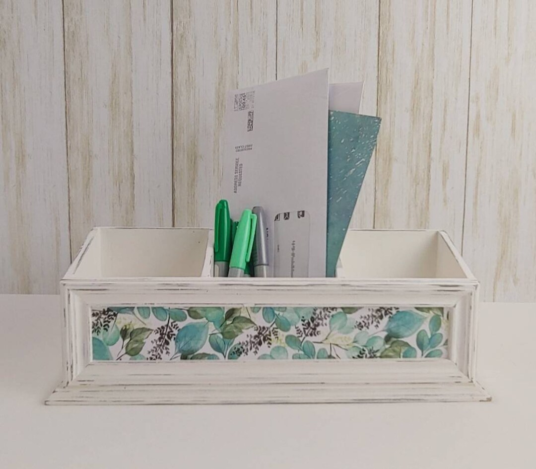 White Wood Mail Organizer Desktop Letter Holder Modern Farmhouse Home ...