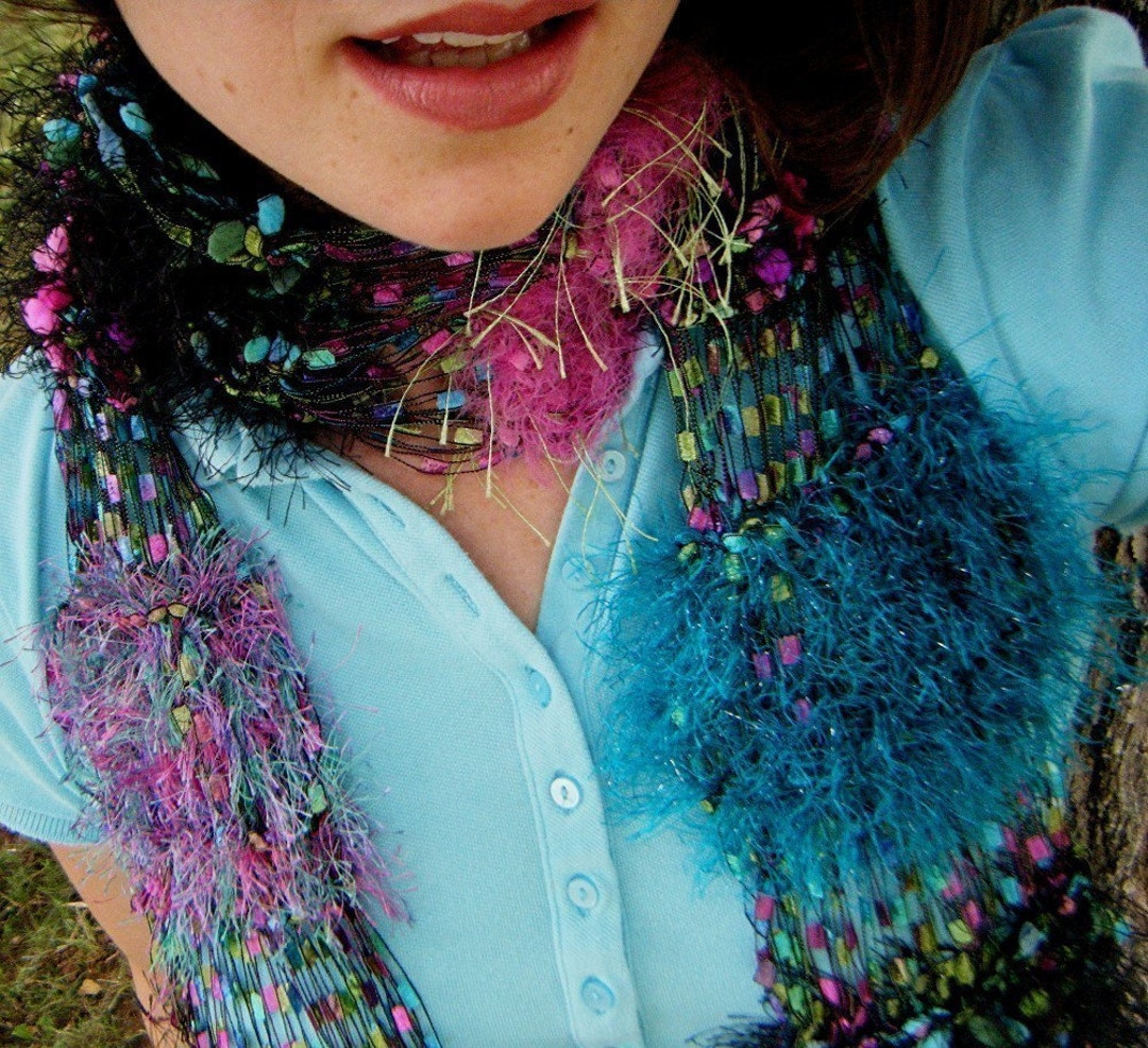 Hand Knit Jewel Scarf: 80's Punk Rock Hot Pink Green Turquoise - Etsy