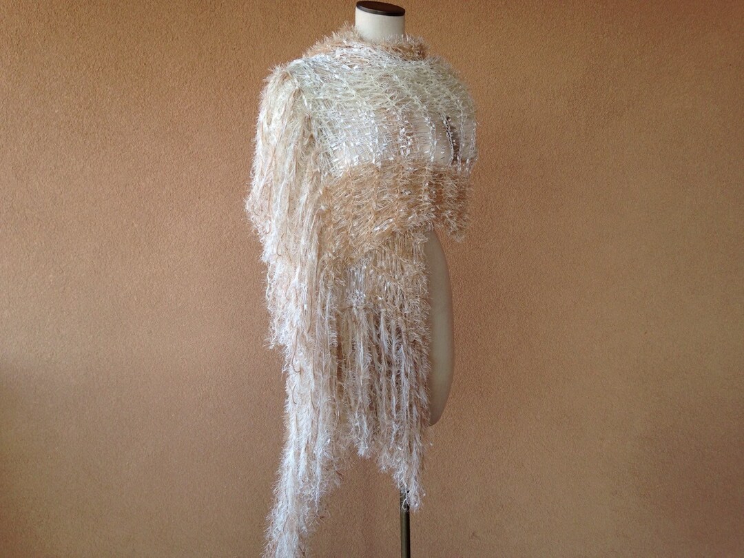 Rustic Wedding Fringe Shawl, Ivory White and Country Burlap Beige With ...