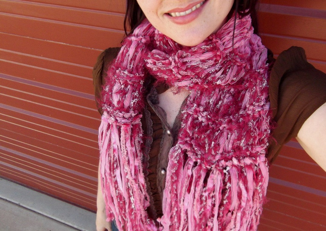 Pink Ribbon Scarf, Pretty Pink and Burgundy Soft Scarf With Long Fringe ...