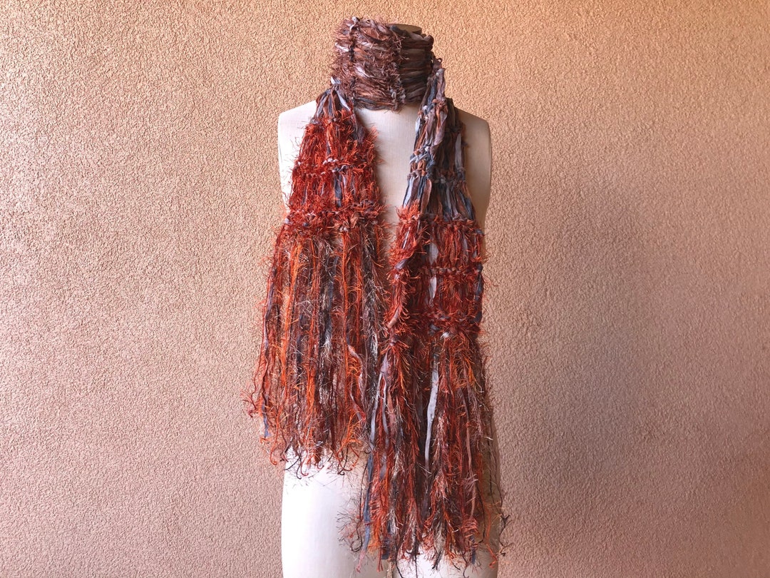 Copper Scarf With Grey, Brown, Slate Blue. Texture Accents. Hand Knit ...