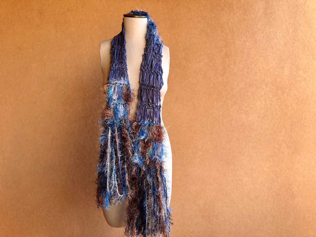 Scarf Knit Ribbon Scarf With Blue, Brown, White. Sparkle in Fringe ...