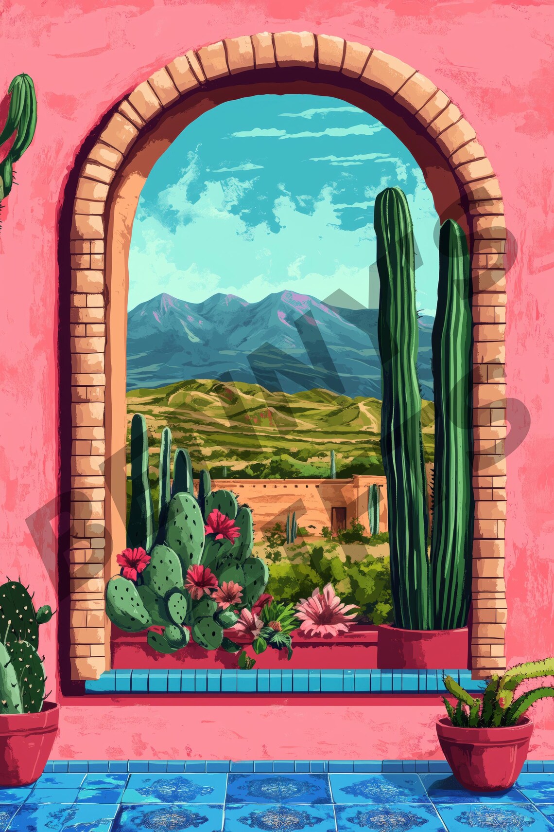 Southwestern Mexican Window View Digital Art Print Desert Cactus ...