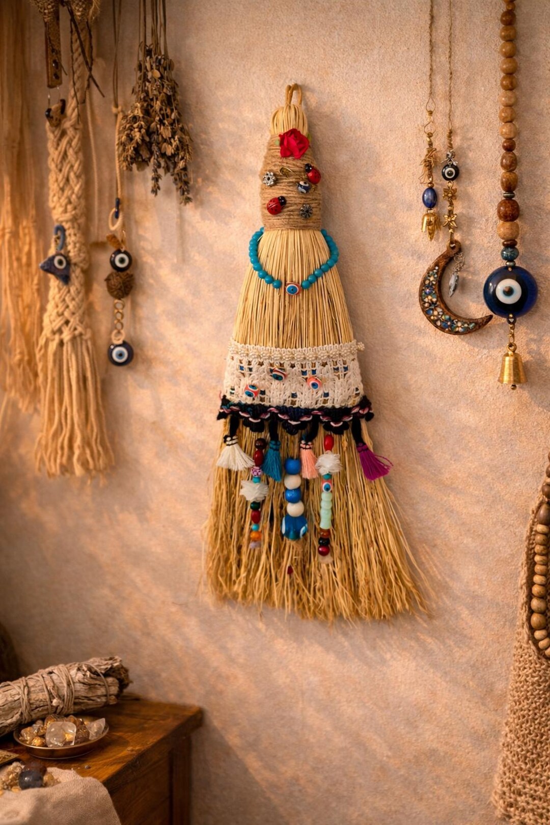 Boho Straw Protection Broom Wall Hanging – Besom Ornament (14” Good ...
