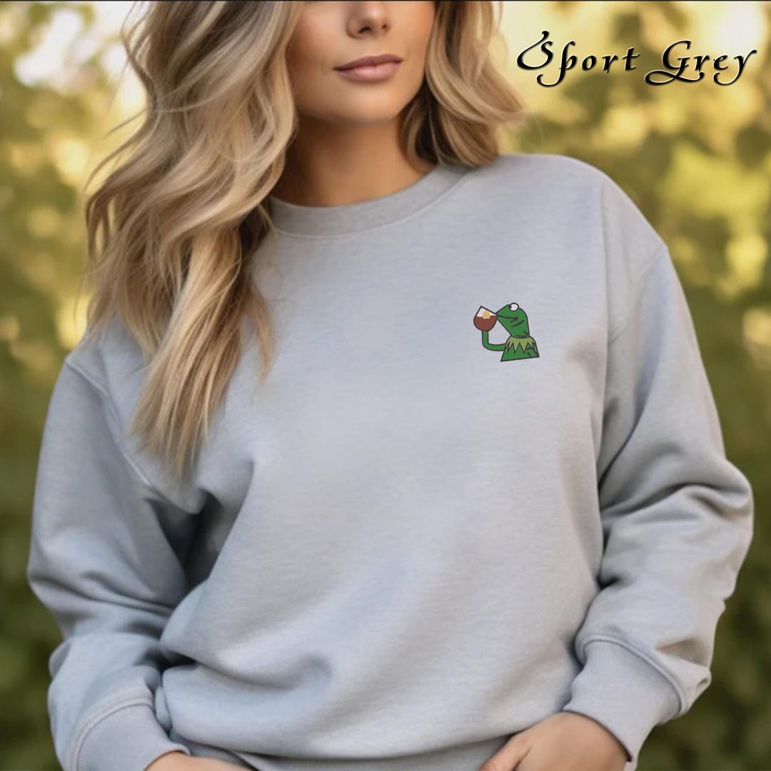 Embroidered Kermit the Frog Sweatshirt, Frog Drinking Tea Sweat, Frog ...